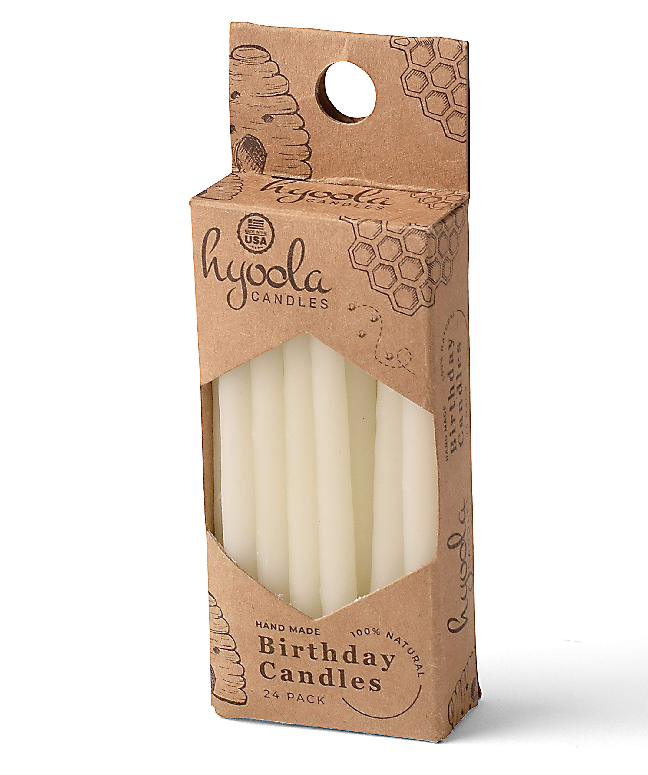 Hyoola Beeswax Birthday Candles – 24 Pack Mini Birthday Candles - All Natural 100% Unscented Pure Beeswax Candles - Handmade in The USA - White
