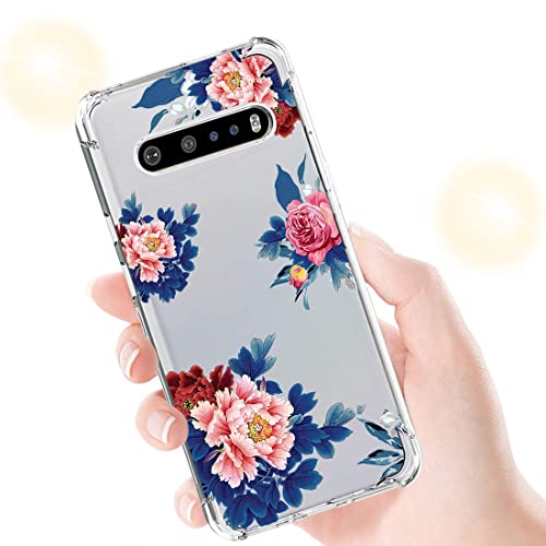 Tothedu Phone Case for LG V60 ThinQ 5G Case/LG V60/LM-V600 Case for Girls, Clear Slim Shockproof Pattern Soft Flexible TPU Back Phone Protective Cover Cases for LG V60 ThinQ (Blue Flower)