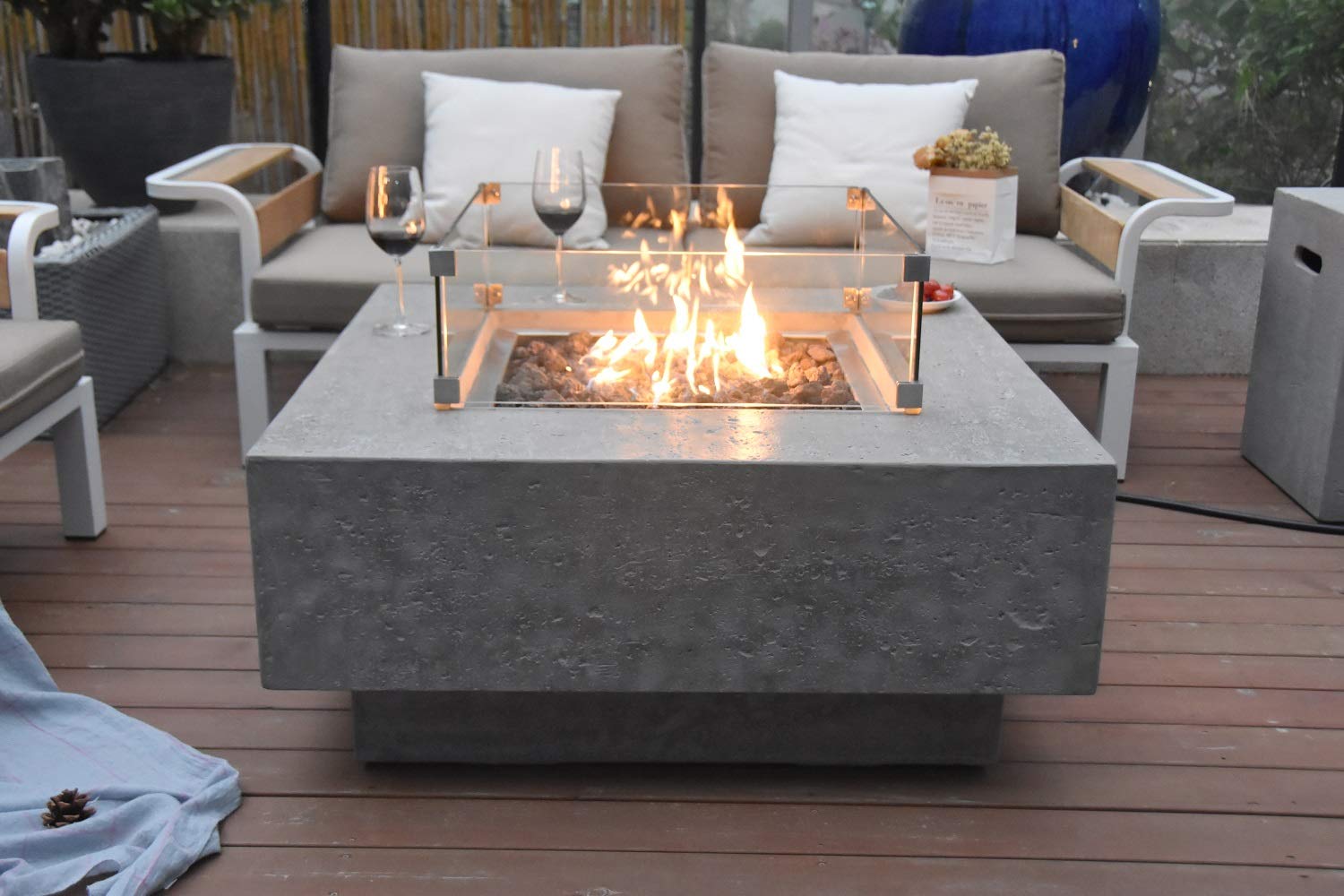 Elementi Manhattan Outdoor Table 37 Inches Natural Gas Patio Heater Concrete Firepits Outside Electronic Ignition Backyard Fireplace Cover Lava Rock Included