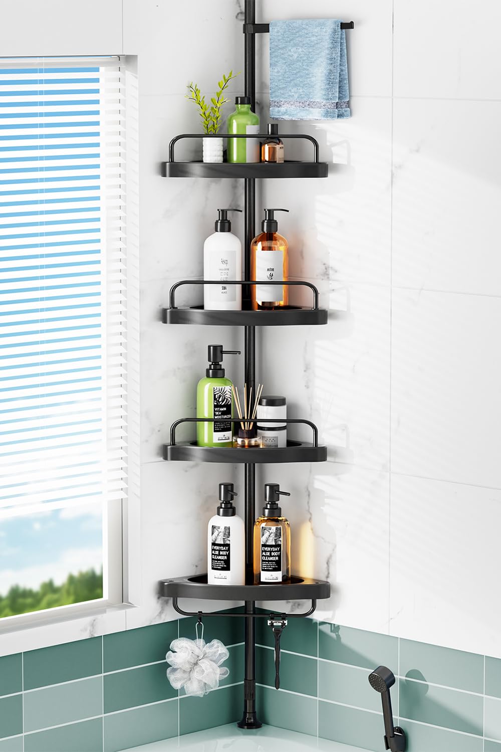 HAMITOR Corner Shower Caddy Tension Pole: 4 Tier Shampoo Storage Organizer for Inside Shower - Telescoping Rod Shower Rack for Bathroom and Bathtub - Restroom Floor Standing Bath Rack Holder Black