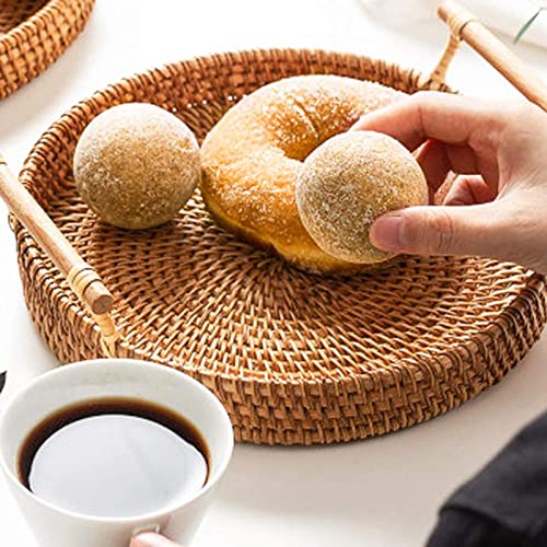 Ochine 1 Pack Wood Serving Tray Woven Serving Tray with Handles, Round Bread Serving Basket Poly-Wicker Basket Tray Decorative Rattan Fruit Tray for Serving Bread Vegetable Snack