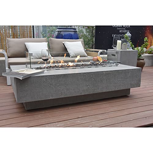 Elementi Outdoor Hampton Fire Pit Table 56 x 32 Inches Grey Durable Fire Bowl Glass Reinforced Concrete Rectangle Fire Table Liquid Propane Patio Fire Place Includes Burner and Lava Rock
