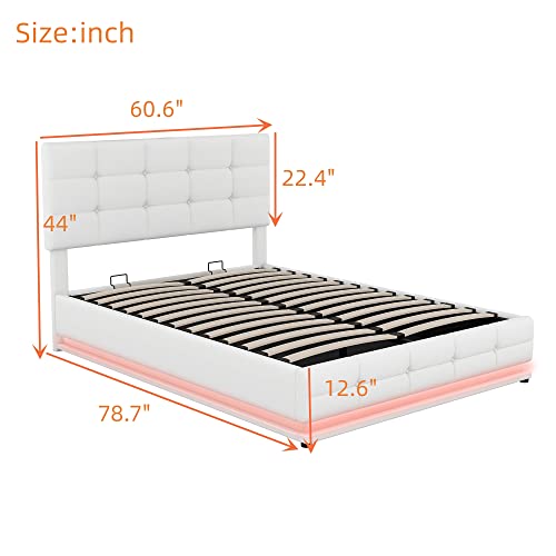 Full Size Lift Up Storage Bed/with Storage and LED Light Button Tufted Wingback adjustable headboard and USB Charger, Hydraulic Storage System for Kids Teens and Adults, No Box Spring Needed (White)