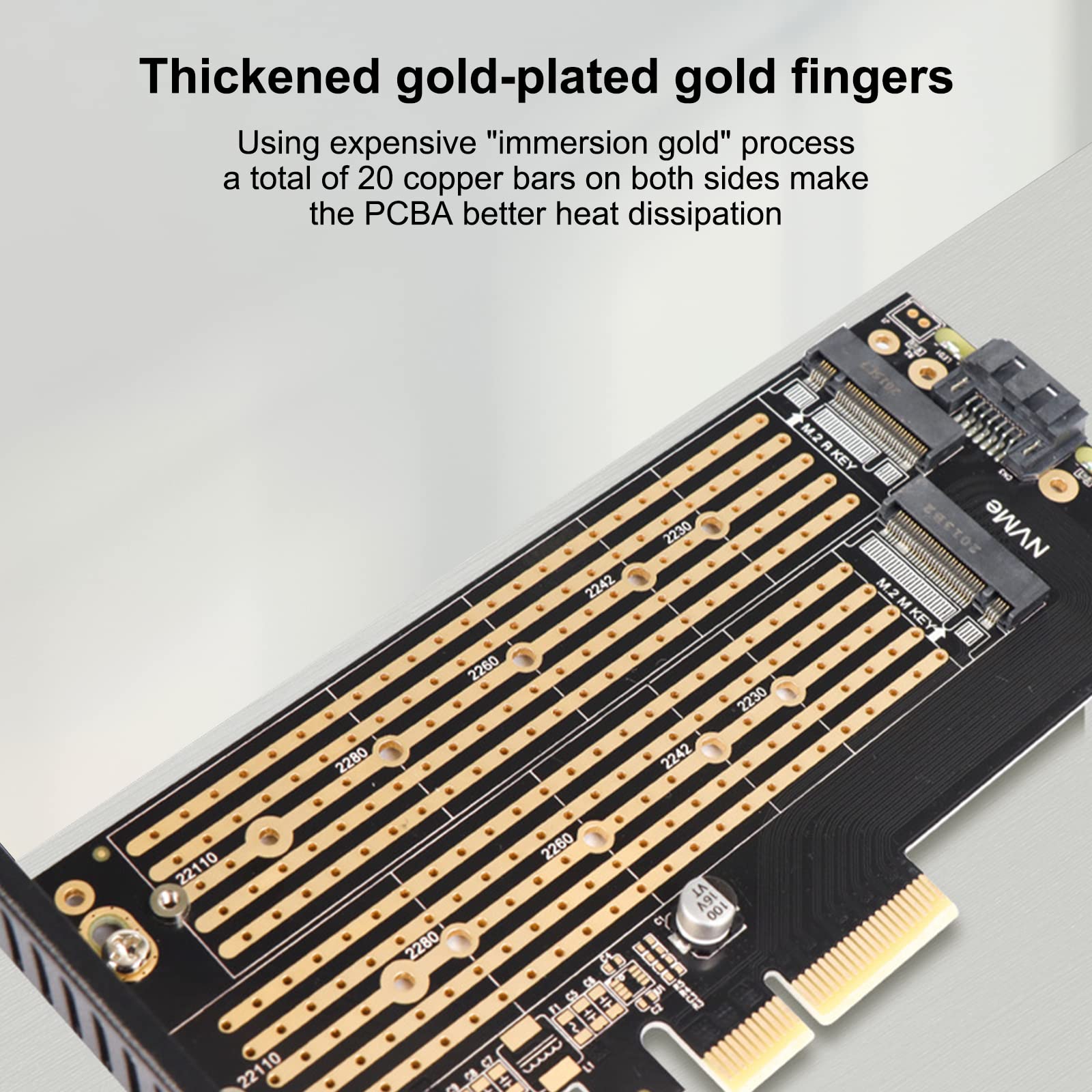 Dual M.2 PCIE Adapter, NGFF SSD to PCIE SATA Dual-Disk Adapter Expansion Card Supports MKey BKey Wiring PCIE 3.0X 4 Full Speed, Desktop PC Installation