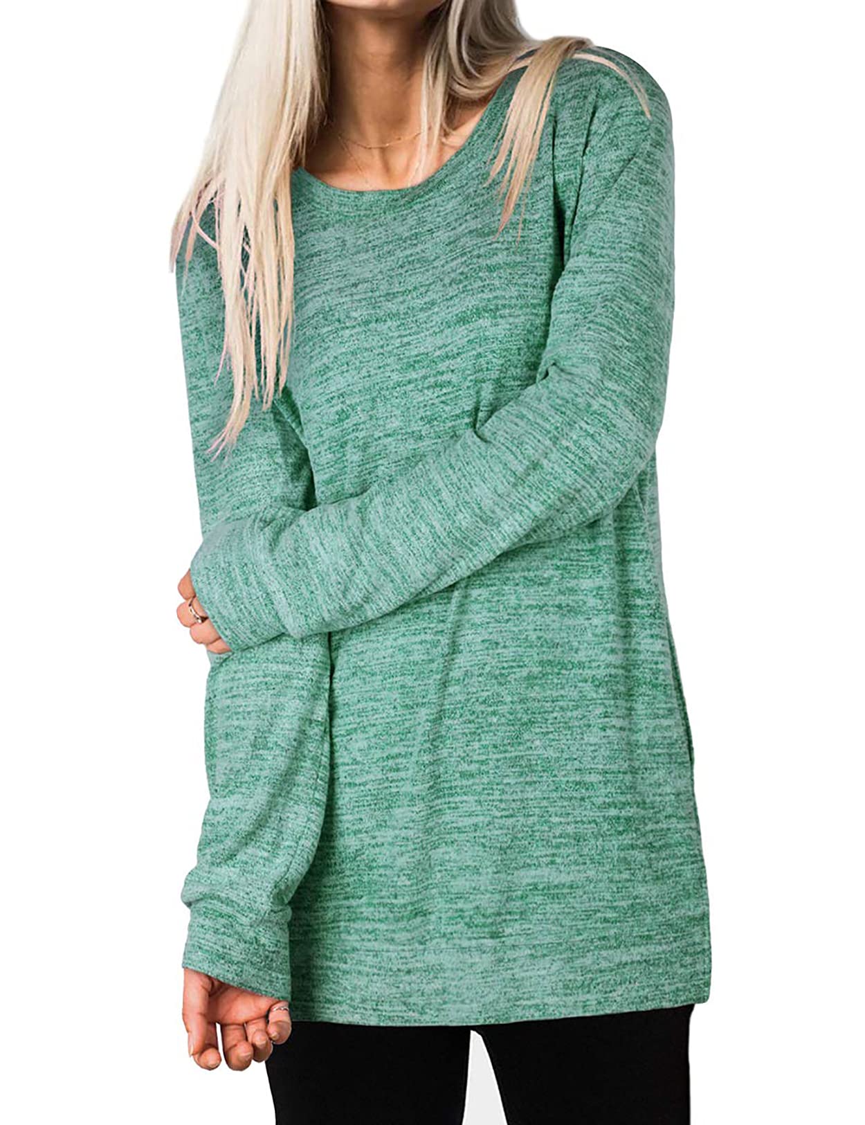 Bolomi Womens Casual Sweatshirts Long Sleeve Pullover Shirts Round Neck Oversized Tunic Tops with Pockets Lake Green Small