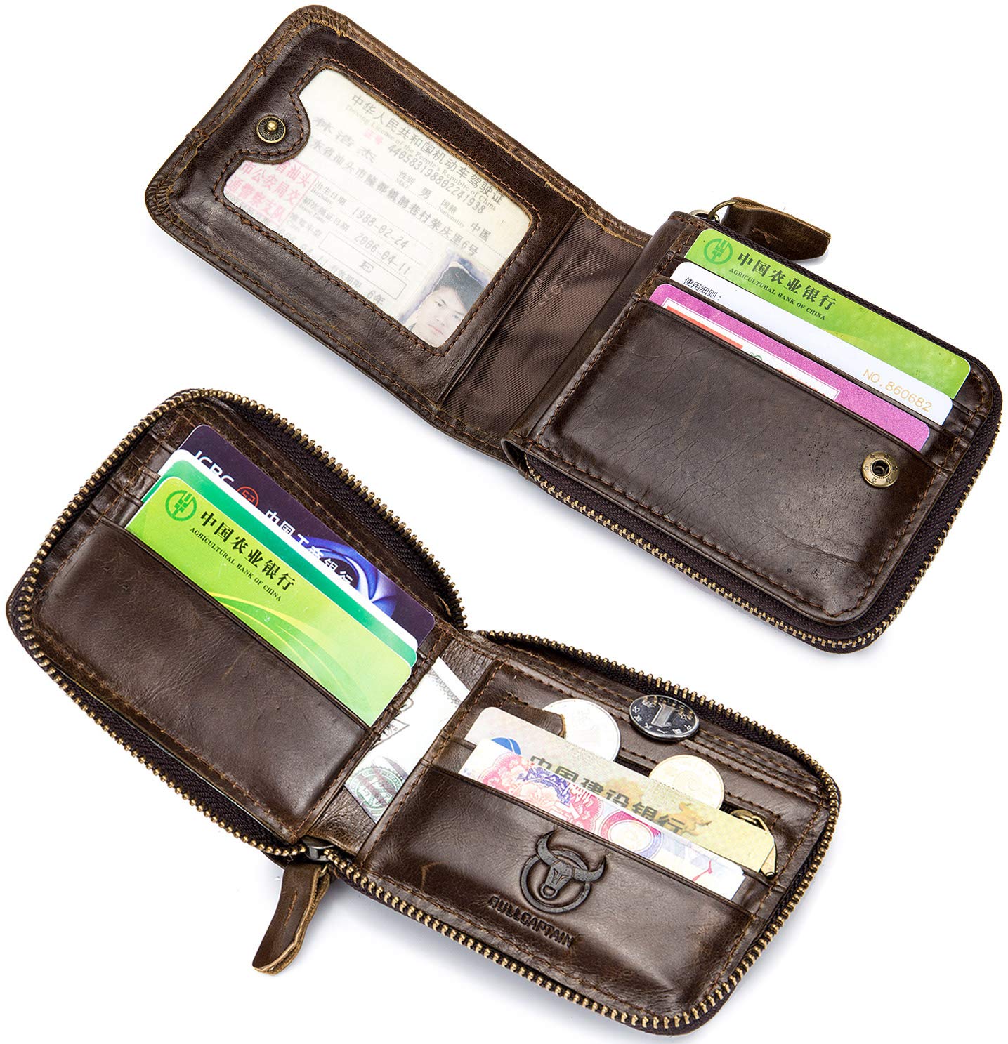BULLCAPTAIN RFID Blocking Men’s Wallet,Genuine Leather Zip Around Vintage Multi Card Holder Zipper Wallet for Men Bifold Purse With ID Window(Brown)