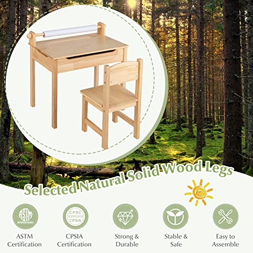 HONEY JOY Kids Activity Table Set with Paper Roll Holder and Pen Slot, 21" x 13.5" x 7", Natural 1