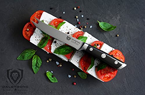 Dalstrong Tomato Slicing Knife - Gladiator Series Elite - 5" - Serrated Utility - German High Carbon Steel - Black Handle - Sheath Included - NSF Certified