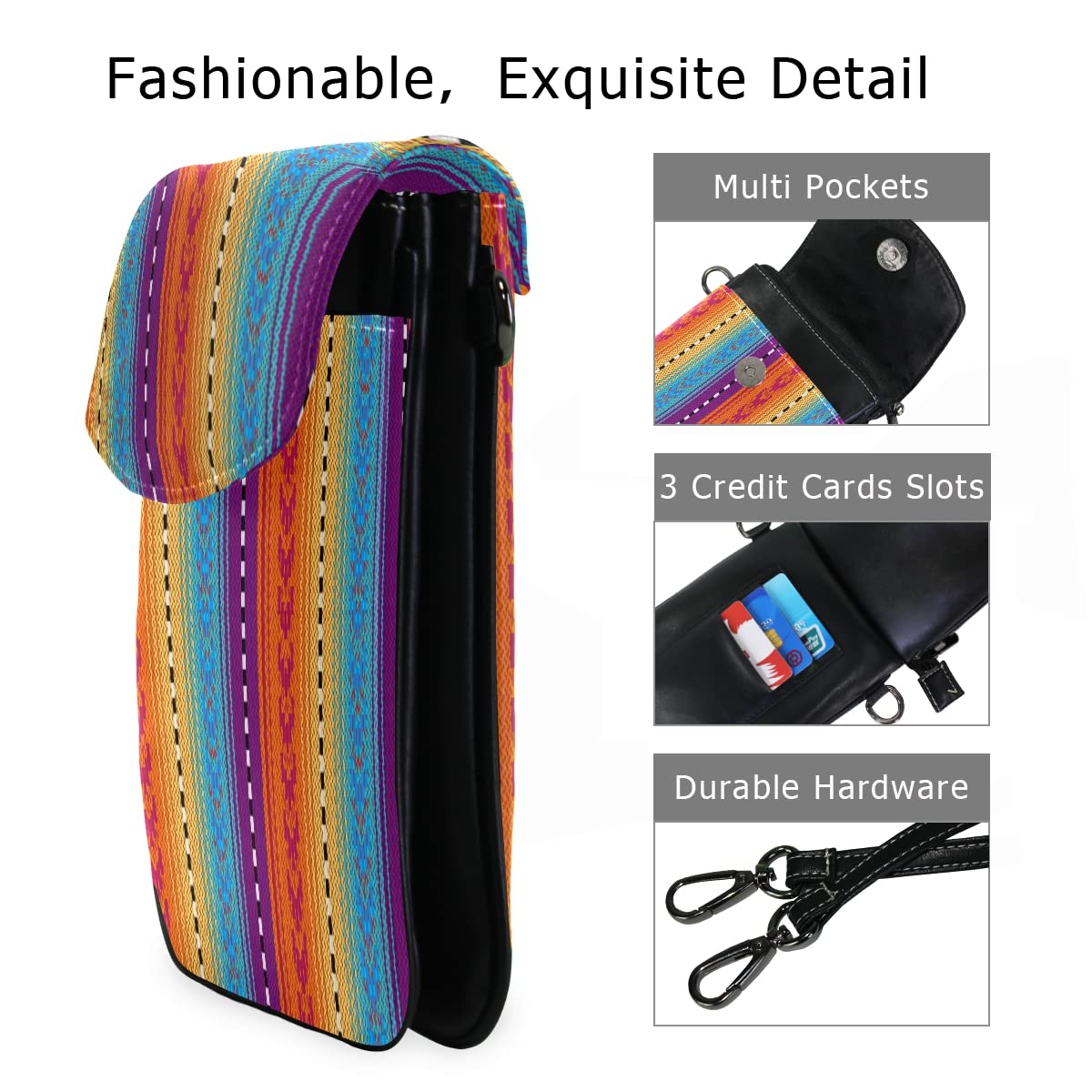 xigua Colorful Ethnic Mexican Stripes Crossbody Phone Purse Small Mini shoulder Bag Cell Phone Pouch Leather Wallet Best Gift for Valentines Day,Anniversary,Birthdays