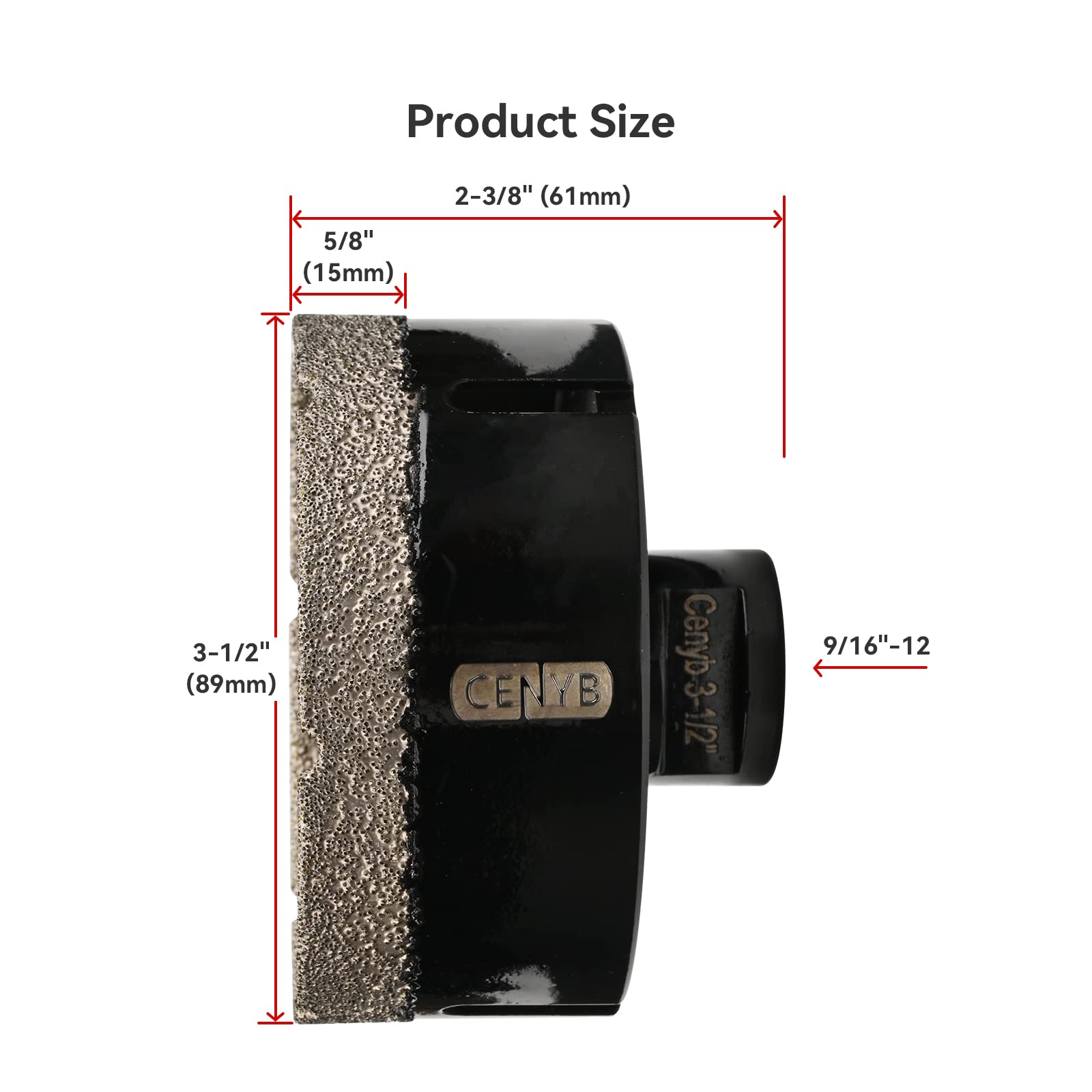 CENYB M14 Diamond Core Drill Bit HHD90 Vacuum Brazed Hole Saw 9/16"-12 Female Thread for Porcelain Ceramic Tile Marble Brick (89mm | 3-1/2")