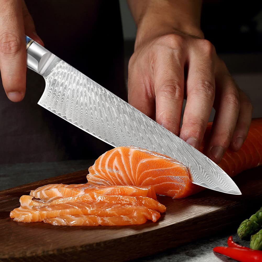 Damascus Chef Knife 8 Inch, Made of High Carbon VG10 Steel Damascus Kitchen Knife with Ergonomic Resin Wood Handle