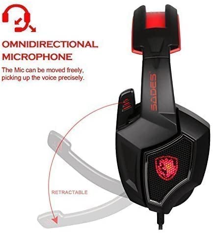 SADES 3.5mm Stereo Surround Sound Gaming Headset with Mic, Noise Cancelling & Led Light & Volume Control Over Ear Gamer Headphones, Red Headset for PC MAC Laptop Computer Games