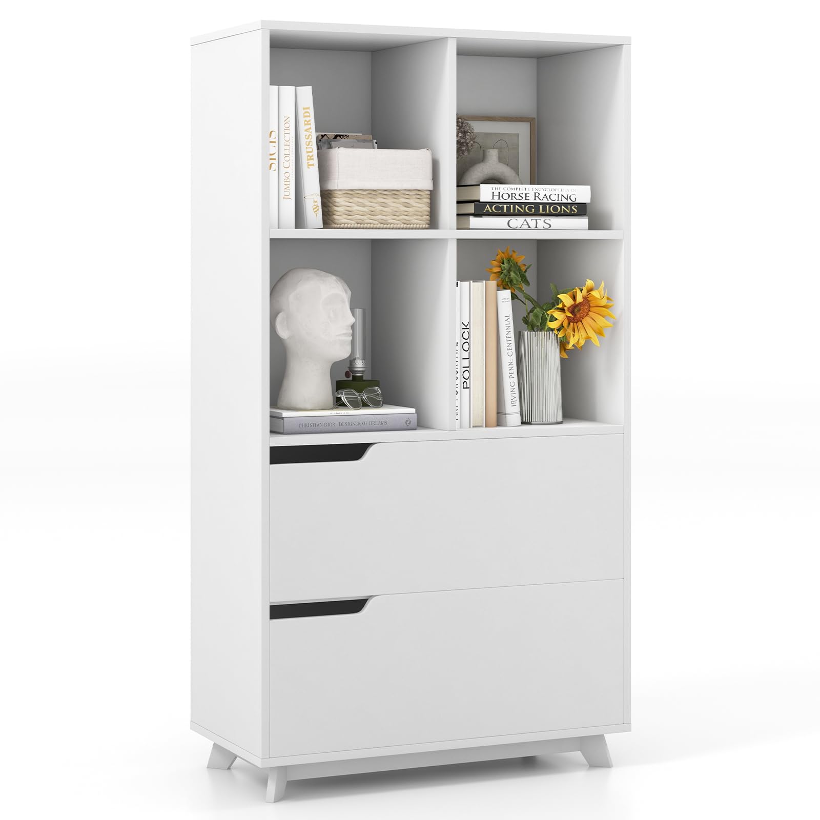 Giantex 51" Tall Bookcase with 2 Drawers, 4-Tier Open Bookshelf with 4 Storage Cubes, Modern Display Shelf with Anti-Toppling Devices, Freestanding Wooden Storage Shelf for Home Office, White