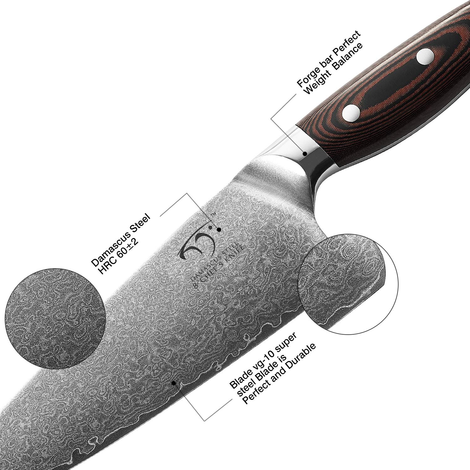Damascus Chef Knife, 8 Inch Professional Damascus Kitchen Knife Forged with VG10 Super Steel 67-Layer, Non-slip Ergonomic Micarta Handle, Razor Sharp Lightweight Multipurpose Full Tang Gift Box
