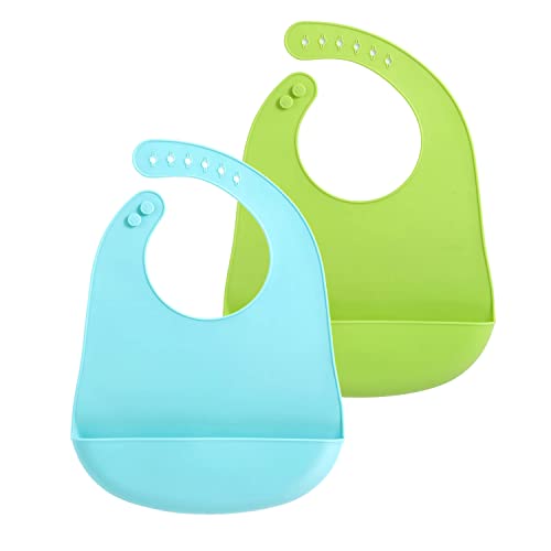 PandaEar 2 Pack Silicone Baby Bibs Super Thin Light Weight for Babies & Toddlers Feeding, Adjustable Silicone Bibs with Food Catcher Pocket, Waterproof, Soft, Unisex, Non Messy (Pink Grey)