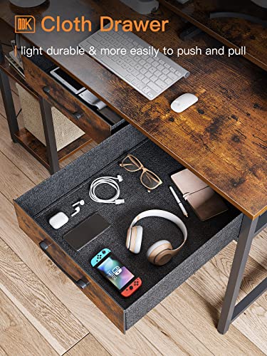 ODK Computer Desk 47" Table: Office Desk with Cloth Drawers & Wood Storage Shelves, Home Work Writing Desk & Large Space Monitor Stand, Rustic Brown