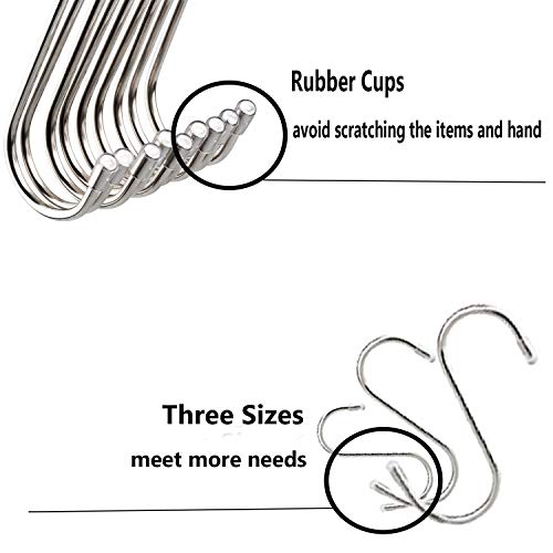 S Shaped Hooks Stainless Steel Metal Rubber Caps Head Hanging Hangers Hooks for Home Kitchen Bathroom Bedroom Office, 30 Pack 3 Sizes (S+M+L, Each 10 Pack)