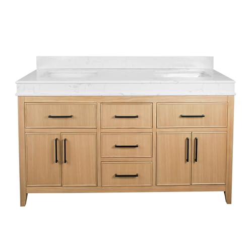Kitchen Bath Collection Kensington 60-inch Double Bathroom Vanity (Engineered Marble/Blonde): Includes Blonde Cabinet with Engineered Marble Countertop and White Ceramic Sinks
