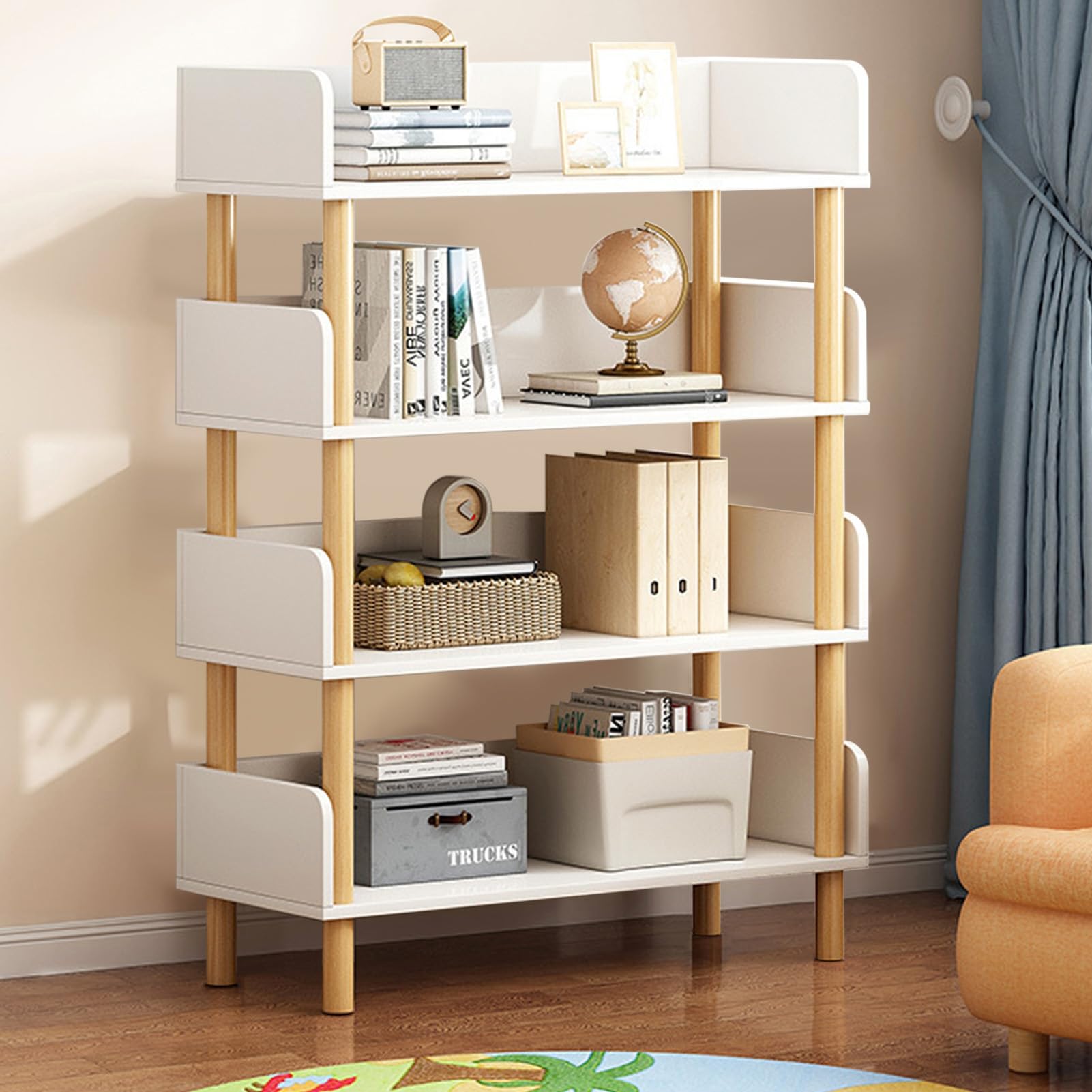 GIFZES 4-Tier Wooden Shelf Bookcase, Modern Freestanding Bookshelf, Small Open Bookcase with Side Panels and Solid Wood Frame, White Bookcase Storage Rack Display Stand for Home and Office Warm White