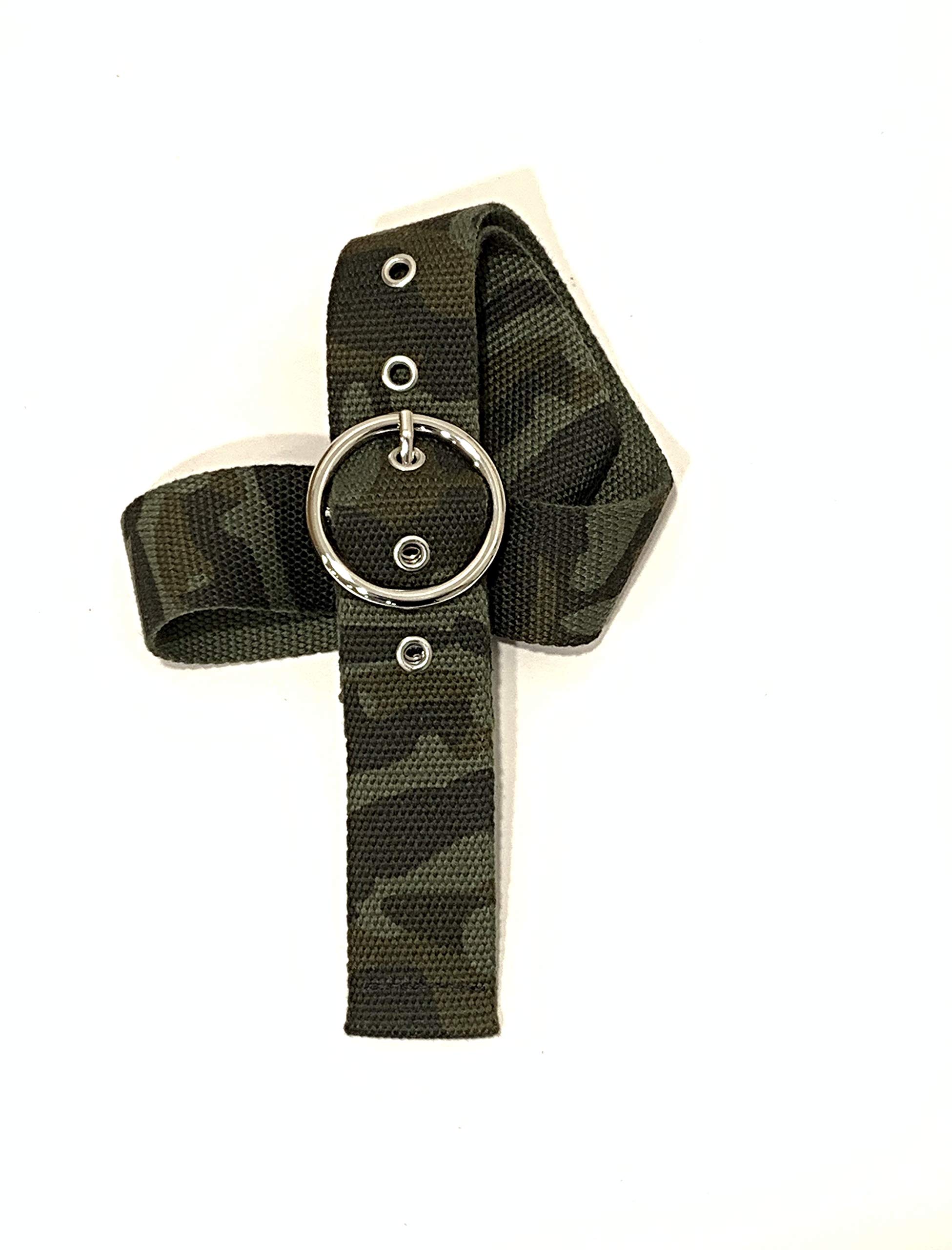 Camoflauge Web Belt | Green Camo or Blue and Navy Camo | Cotton Webbing Belt for Women | Canvas Belt with Silver Circle Buckle