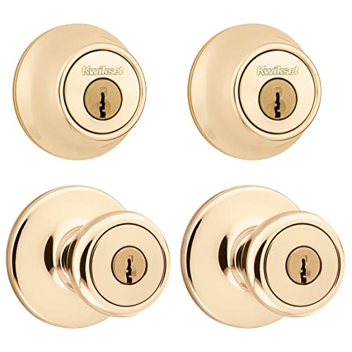 Kwikset 242 Tylo Entry Knob and Single Cylinder Deadbolt Project Pack in Polished Brass