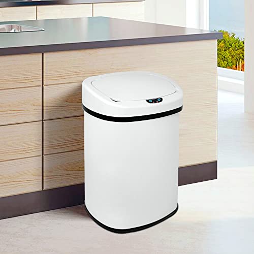 PIKAQTOP Automatic Touchless Infrared Motion Sensor Trash Can 13 Gallon, 50L High-Capacity Finger-Print Resistant Stainless Steel Brushed Bin with Lid, Garbage for Bathroom Bedroom Home Office, WHITE