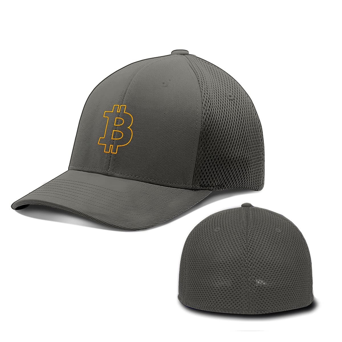 BustedTees Bitcoin Outline Flexfit Hat Casual Wear - Baseball Cap for Men Women Breathable Flex Fit with Airmesh Fitted Cap (Charcoal, Large, l)