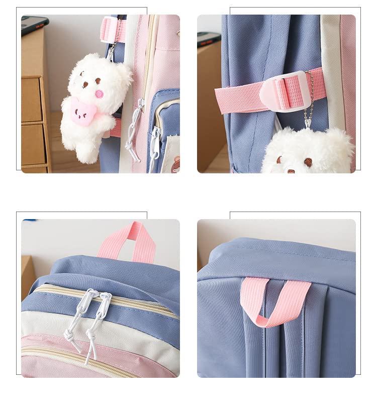 MWZING 5 Piece Backpack Set kawaii Backpack with Cute Bear Doll and Pins Canvas Backpack Large Capacity Aesthetic Shoulder bag
