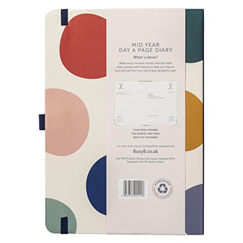 Busy B Mid Year Day a Page Diary August 2022 - August 2023. Spot A5 Daily Planner with Pen Holder, Elastic Closure and Year Planner