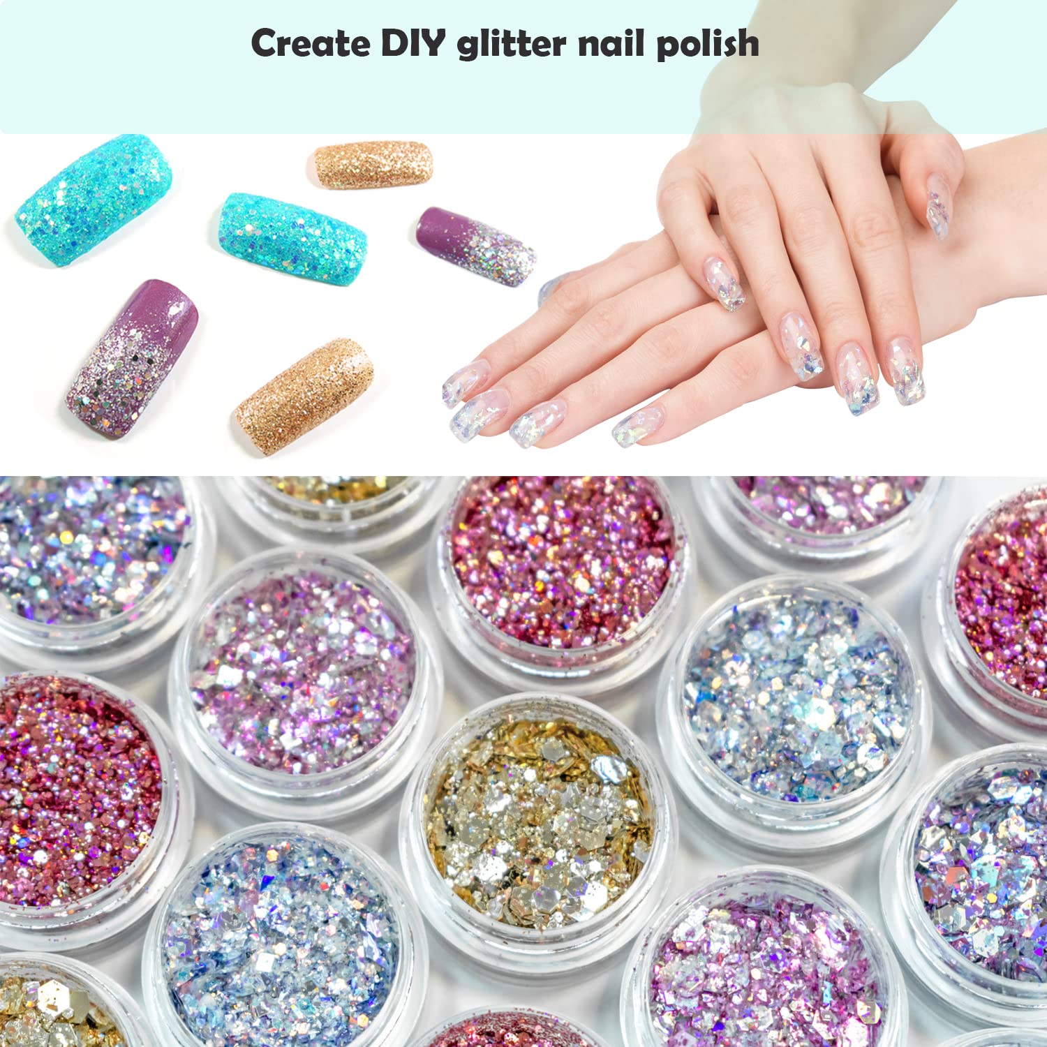 Body Glitter+Gel Kit,JASSINS Holographic Face Glitter,7 Style Fine Glitter for Art Nail,Hair, Eye,Eyeshadow Makeup.(Color-1)