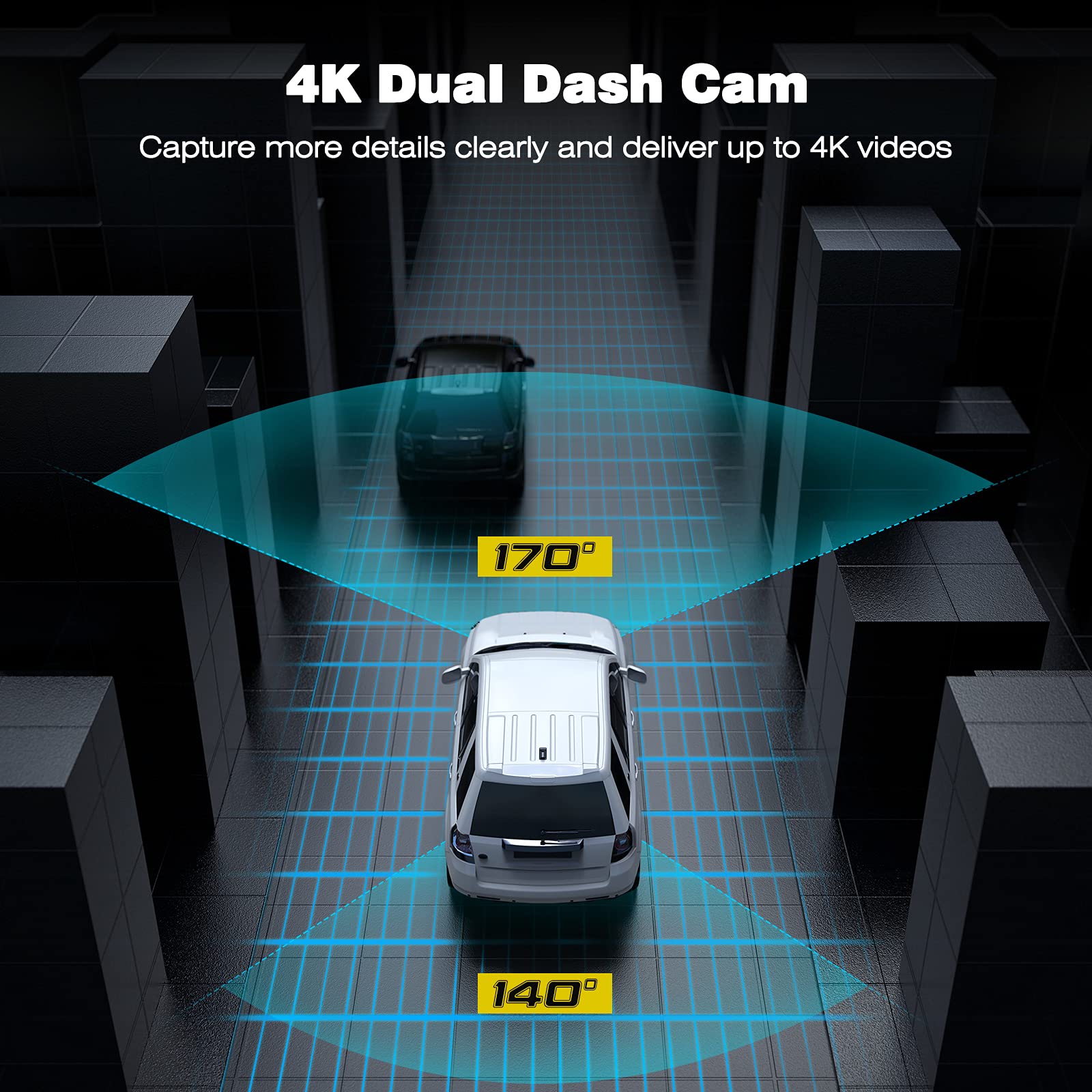 cambase Dash Cam 4K Front and 1080P Rear Car Camera Driving Recorder with Night Vision, Motion Detection, Parking Monitoring, G-Sensor, Loop Recording, 3inches IPS Screen, 170° FOV, Max Support 256GB