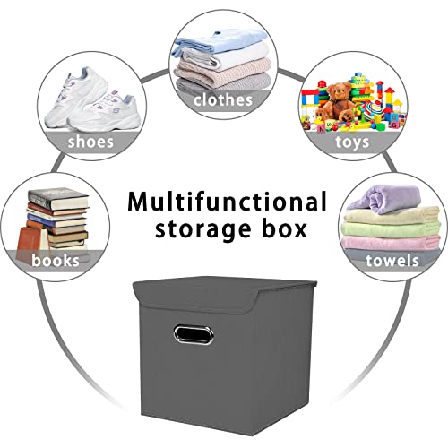 Yunkeeper Collapsible Storage Bins with Lids,Fabric Cube Storage Organizer With Handles,For Clothes Storage,Home, Nursery,Closet Office Basket,3 Pack,(Grey