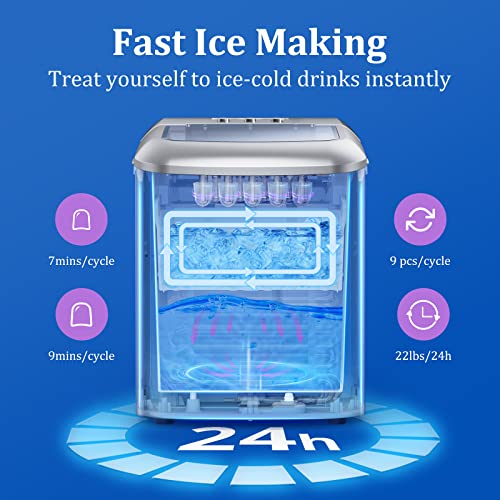 Ice Maker Countertop Machine, 9 Bullet Ice Cubes Ready in 6 Mins, 22lbs Ice Cubes in 24H, Self-Cleaning, LCD Display, 2.1L Electric Stainless Steel Ice Maker with Ice Scoop, Basket