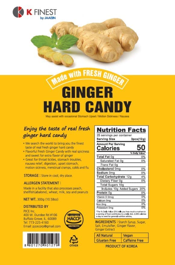 GINGER HARD CANDY Made with Fresh Ginger Extra Strength Flavor Individual Wrapped Product of KOREA_300 Grams_10.58oz