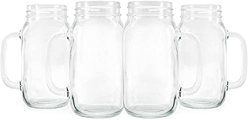 Darware Mason Jar Mugs with Handles (24oz, Clear, 4-Pack); Glass Drinking Glasses for Cold Beverages, Decoration, Storage, Party Favors, Cocktails, Floats