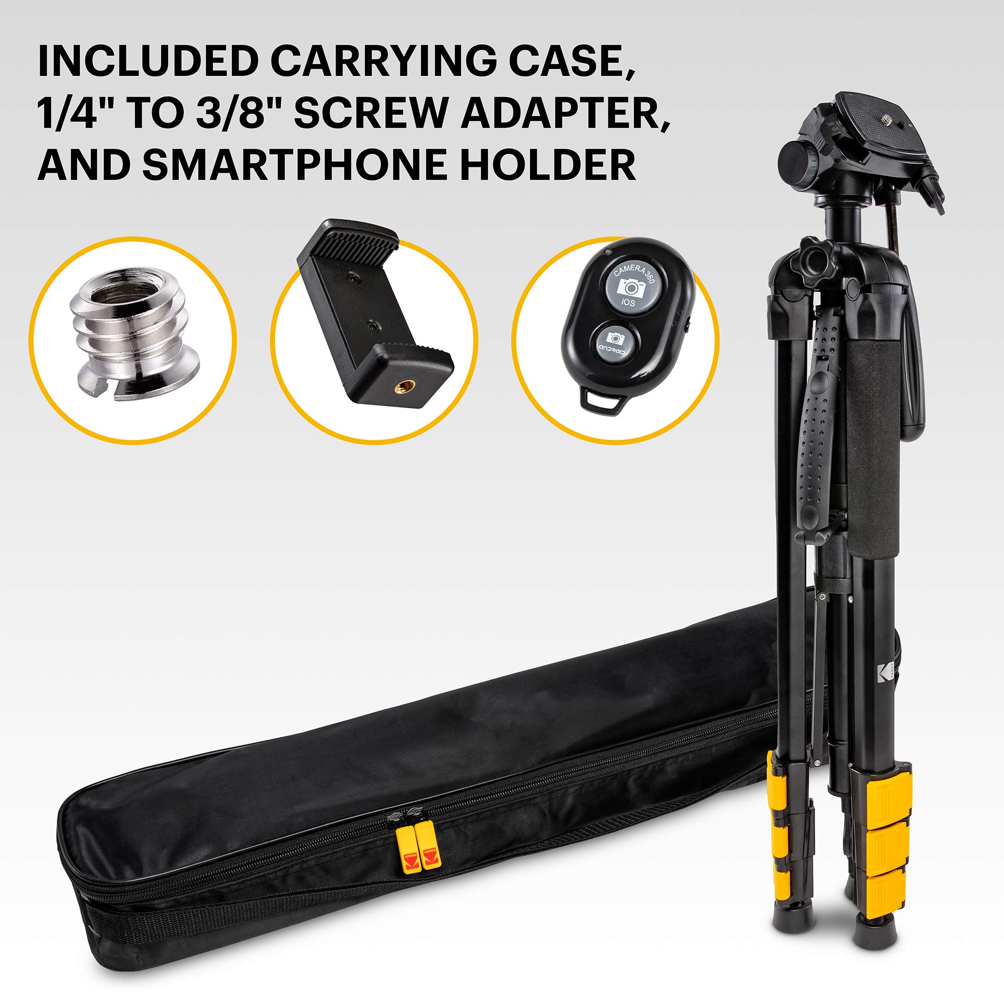 KODAK PhotoGear 2-in-1 Tripod & Monopod with Remote | Lightweight 70” 4-Section Flip-Lock, Converts to 64.5” Monopod | QuickRelease Plates 3-Way Swivel Head Bubble Level Bonus Tripod E-Guide & Case