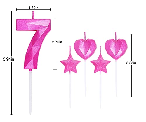 Pink Number 7 Candles and Star Heart Candles 2.76 inch Number Candles for Birthday Cakes 3D Diamond Shaped for Cake Decorations(Pink Candle 7)