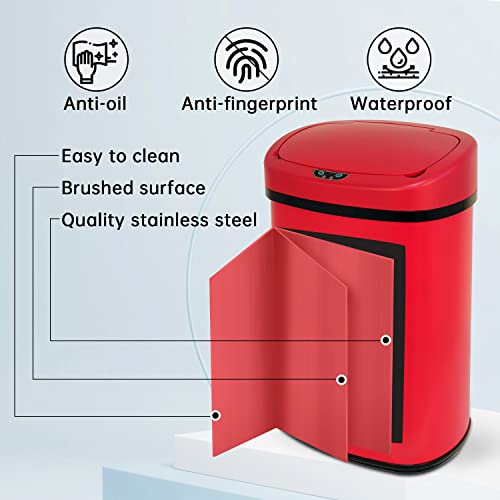 GINMAON Automatic Trash Can 13 Gallon Garbage Can with Lid Stainless Steel Large Capacity Touchless Kitchen Trash Can 50L Motion Sensor Smart Trash Bin for Kitchen, Bathroom, Office(Red)