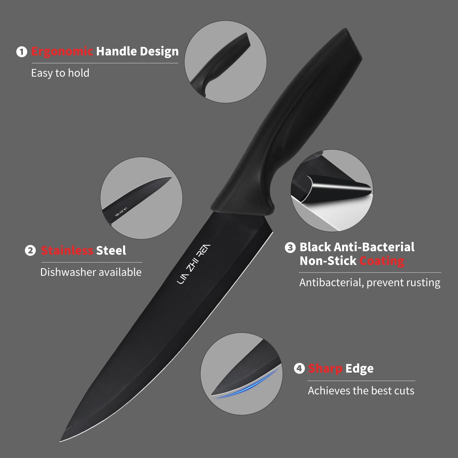Knife Set, 15 Pieces Kitchen Knife Sets with Block, Built-in Sharpener, Dishwasher Safe, Anti-slip Ergonomic Handle, Knife Block Set for Chopping, Slicing, Dicing & Cutting, Black
