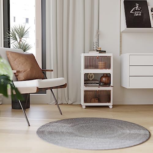 Waissdea Storage Bins with Lids 23Qt, 3 Packs Stackable Storage Bins with Wheels, Magnetic Door, Leather Handle, Plastic Storage Containers for Bedroom, Living Room, Kitchen, Bathroo
