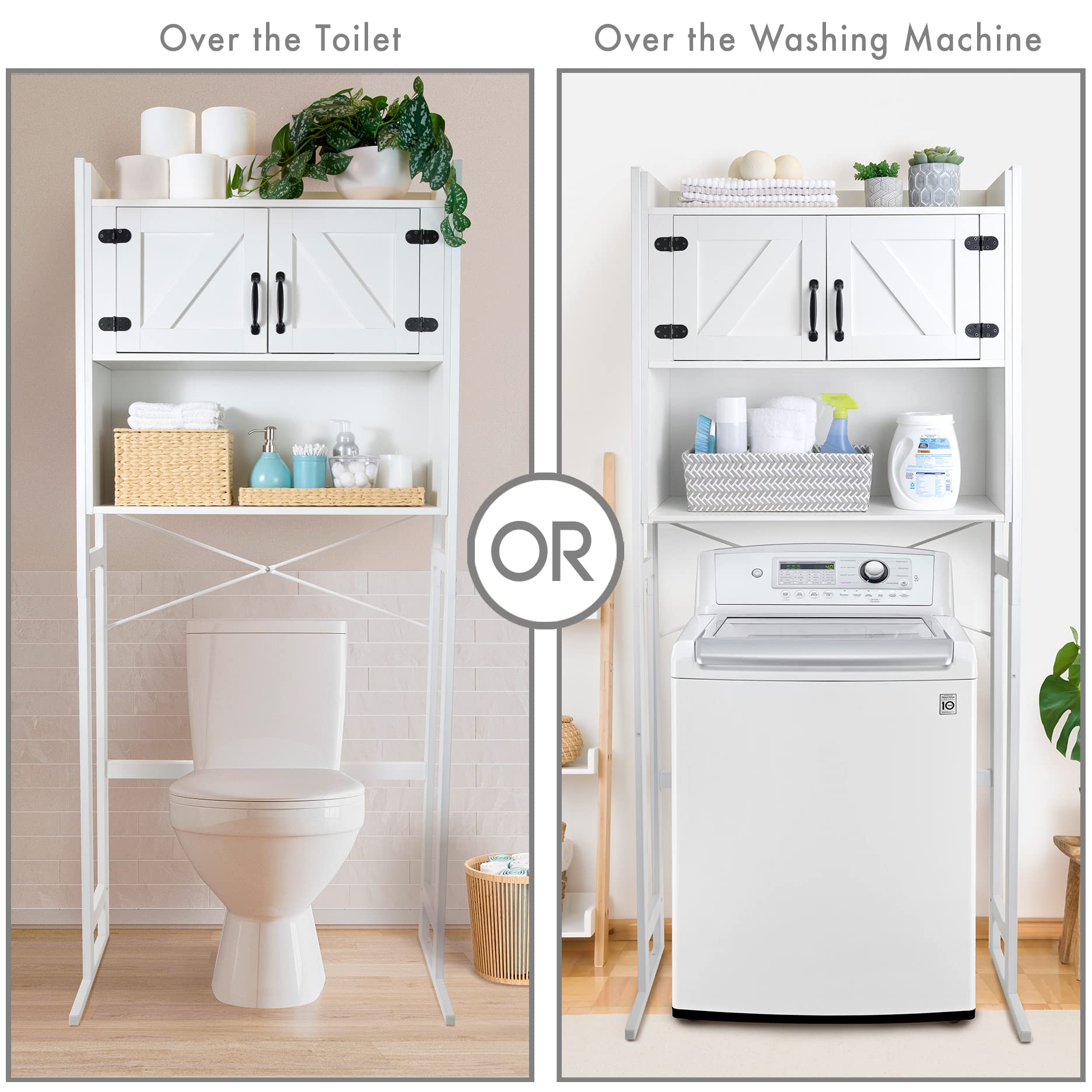 Stephan Roberts Washer or Over The Toilet Storage Cabinet w/Height Adjustable Shelf Laundry Room/Bathroom Organizer, 2-Door Freestanding Rack Space Saver, White