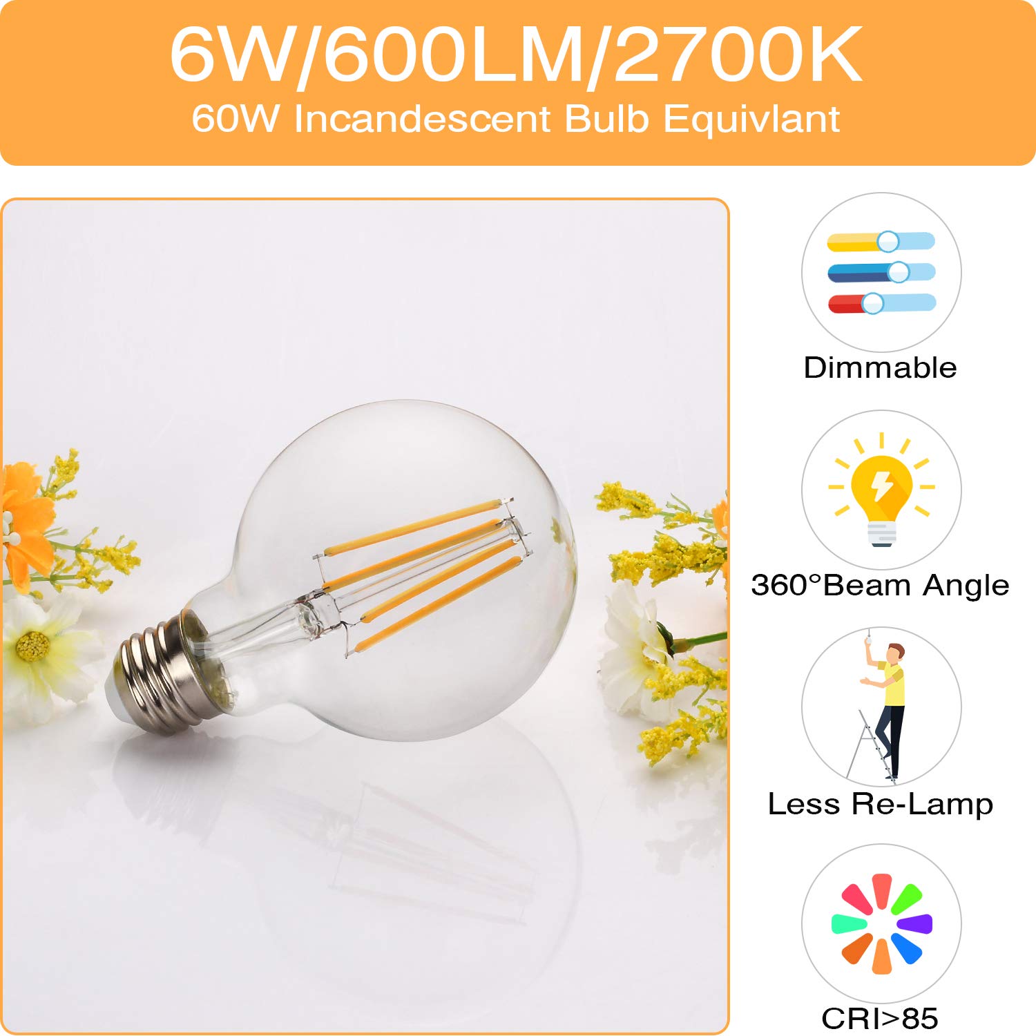 Boncoo G25 Round Light Bulb Dimmable LED Globe Bulb 60W Equivalent 2700K Soft White 600LM 6W Led Edison Bulb E26 Base Led Filament Bulb Decorative Vanity Bulbs for Makeup Mirror, Bathroom, 4 Pack