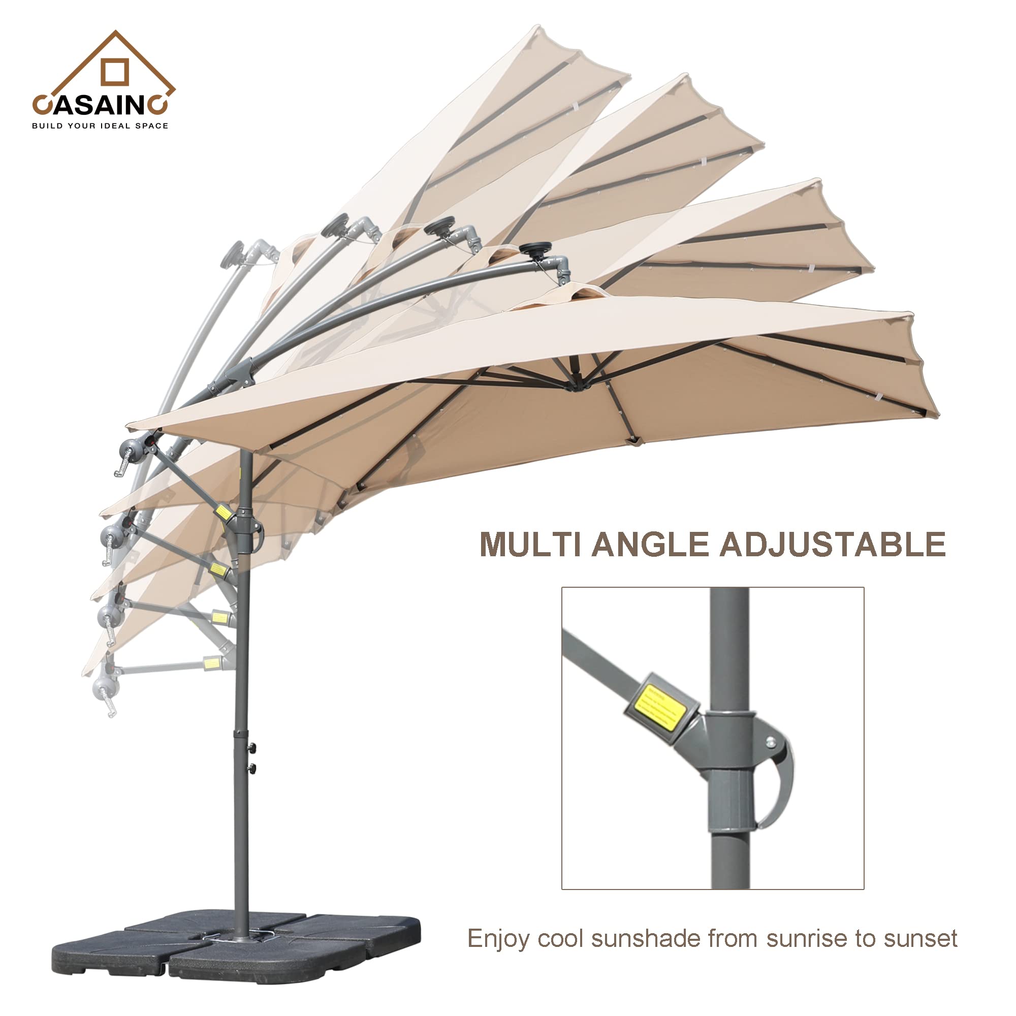 CASAINC 8.3FT Solar LED Patio Umbrella Offset Hanging Outdoor Umbrella with Base for Market Lawn Graden Backyard Balcony, Crank/Tilt, Multi Angle Adjustment-Beige