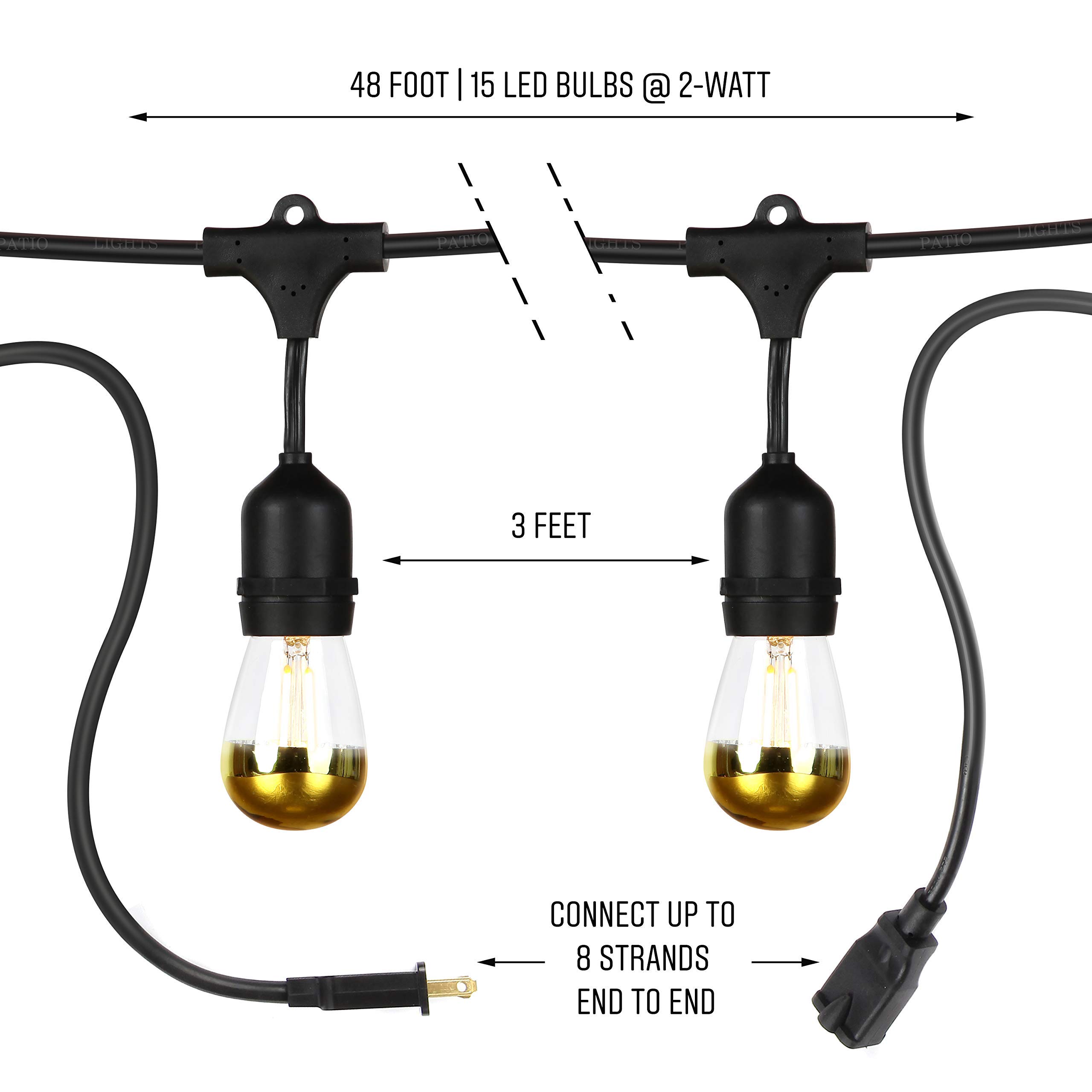 Brightech Ambience Pro LED Outdoor String Lights - 48 Ft Dimmable Patio Lights - Commercial Waterproof Porch String Lights for Outside, Backyard, Gazebo - 2W Anti Glare, Gold Tip Bulbs