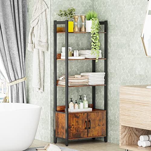 Furologee Bookshelf and Bookcase with Doors, Tall 61" Free Standing Display Shelving Units with 4-Tier Shelves, Industrial Storage Cabinet for Home Office, Living Room, Bedroom, Bathroom, Rustic Brown