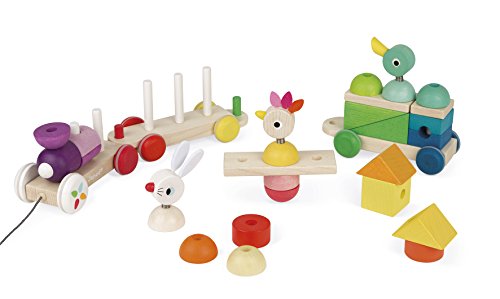 Janod Zigolos Giant 31 Piece Multicolor Wood Pull-Along Train and Stacker β Ages 1+ - J08202