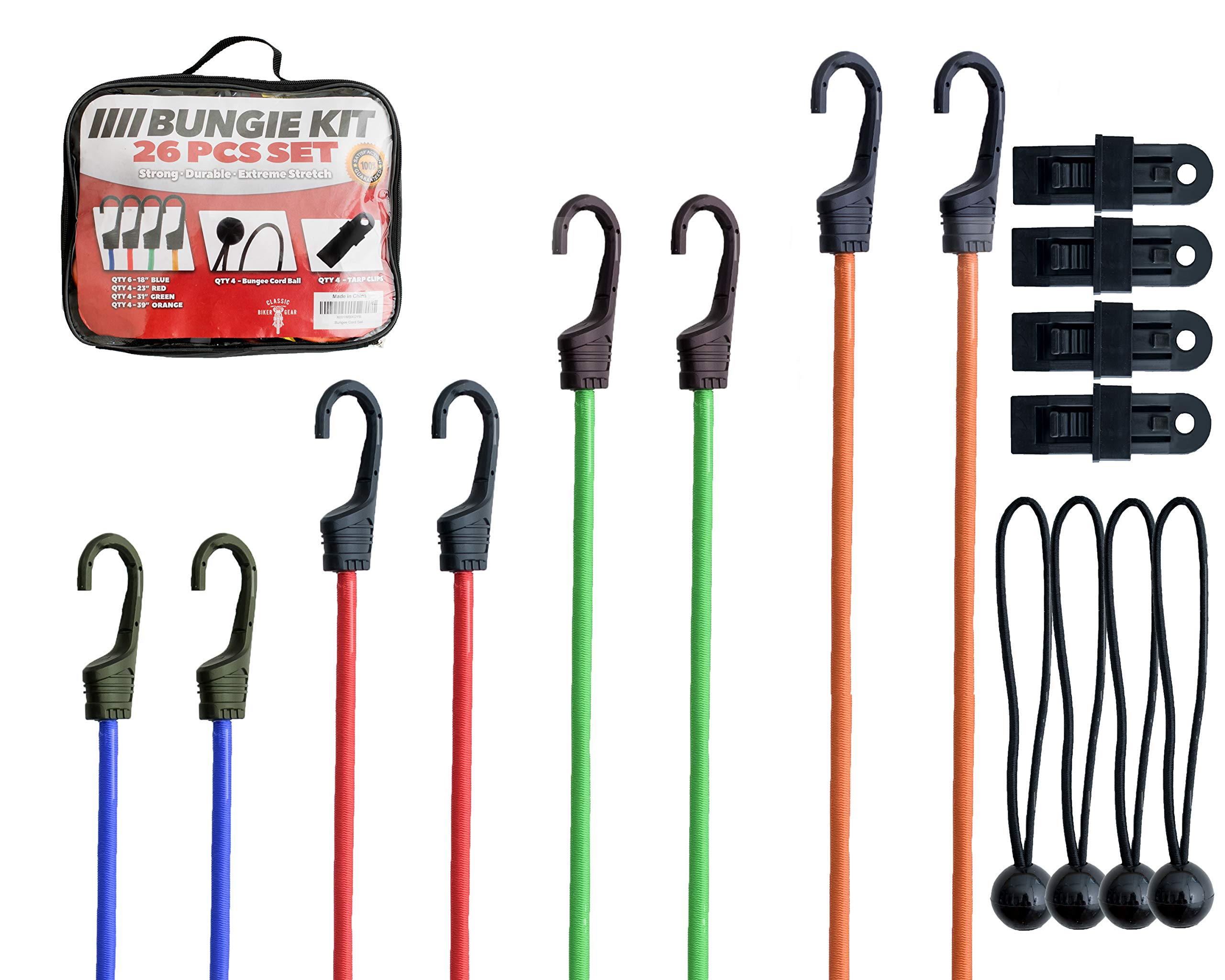 Bungee Cords with Hooks - 26pc Heavy Duty Assortment with Storage Case, Canopy Ties & Ball Bungees Bungie Cord Set