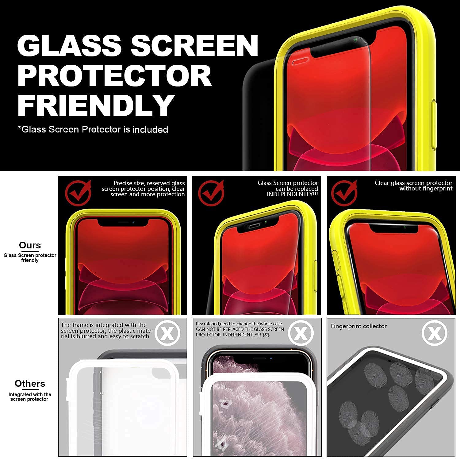 Case for iPhone 11, and [2 x Tempered Glass Screen Protector] 360 Full Body Coverage Heavy Duty Shockproof TPU Bumper with Clear Hard Back 3in1 (Yellow