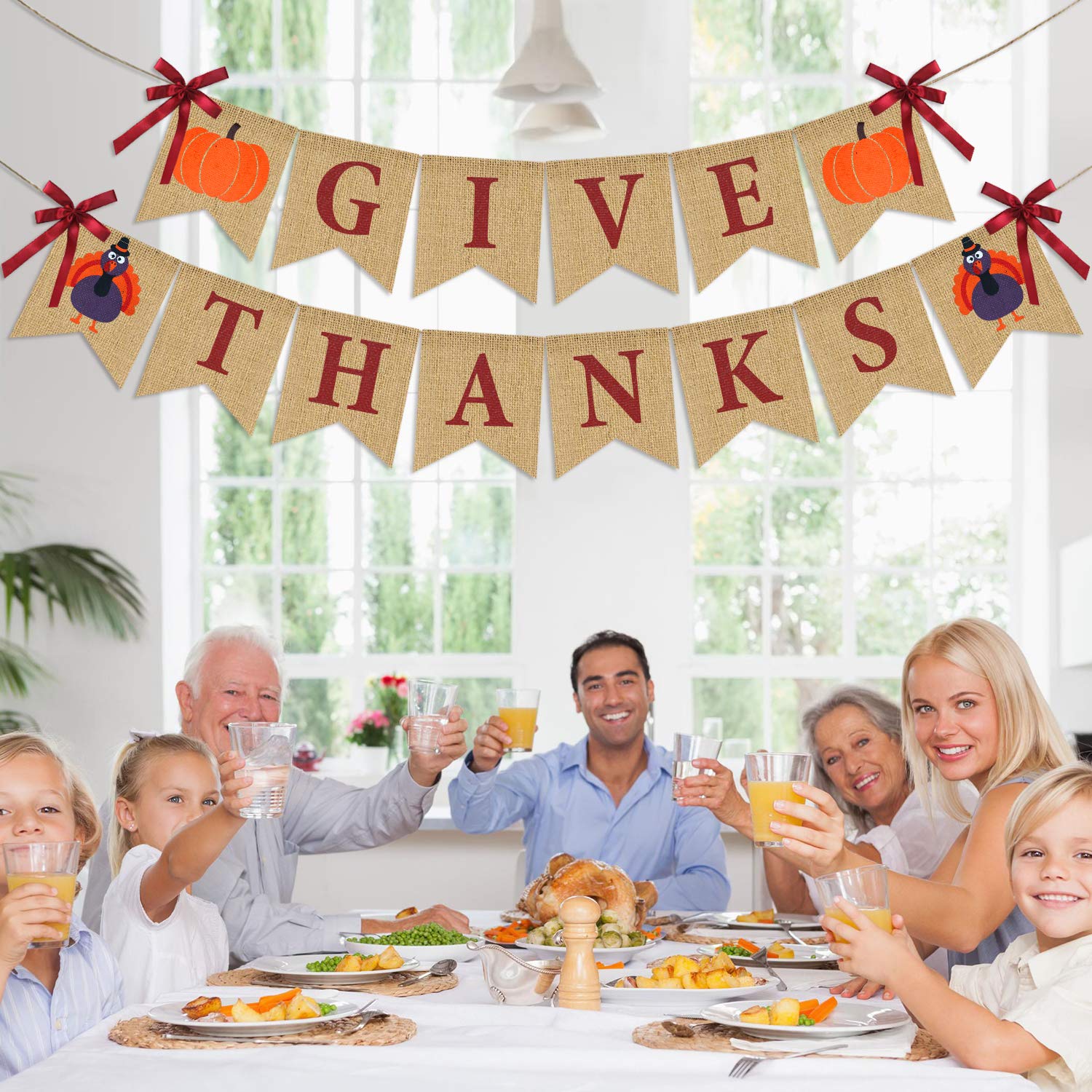 Give Thanks Burlap Banner| ThanksGiving Burlap Banner Thanksgiving Decorations| Rustic Thanksgiving Turkey Pumpkin Bunting| Thanksgiving Party Supplies Fireplace Mantle Decor