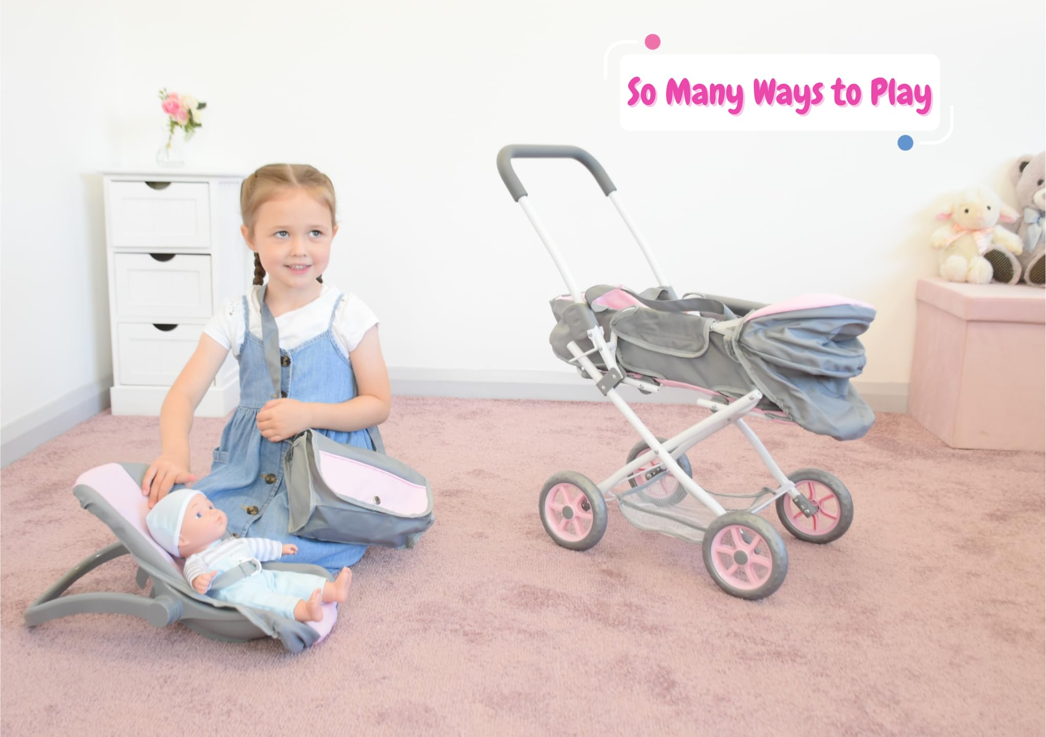 KOOKAMUNGA KIDS 5 Pc Baby Doll Stroller Set - Baby Doll Accessories - Baby Doll Playset w/ Doll Crib Stroller Car Seat - Playpen - Carry Cot - Diaper Bag - Ages 3+ - Deluxe Grey / Pink